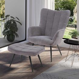 Pharao24.de Cord Polstersessel und Hocker in Grau Skandi Design (zweiteilig)