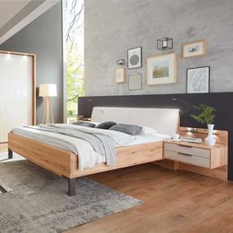 Pharao24.de Doppelbett aus Kernbuche Massivholz und Kunstleder beige LED Beleuchtung (dreiteilig)