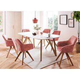 Pharao24.de Esszimmereinrichtung mit rosa Stühlen Skandi Design (siebenteilig)
