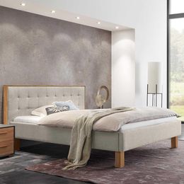 Pharao24.de 140x200 cm Polsterbett Beige mit Vierfußgestell aus Holz Eiche Bianco