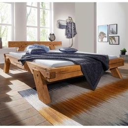 Pharao24.de Holzbalkenbett aus Kiefer Massivholz Eiche Honigfarben
