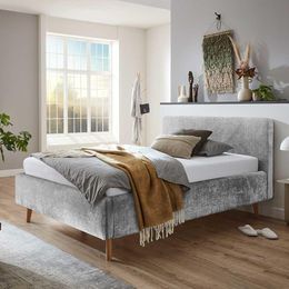 Pharao24.de Polsterbett mit Bettkasten grau aus Boucle Stoff Eiche Massivholz