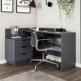 Pharao24.de PC Ecktisch Anthrazit mit drei Schubladen 129 cm breit
