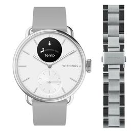Withings ScanWatch 2 - Neu mit K&ouml;rpertemperatur & EKG Messung 38 mm Wei&szlig; / + Gratis Milanaisearmband Silber / Gliederarmband Silber