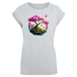 F4NT4STIC Extended Shoulder T-Shirt Kirschbl&uuml;ten Baum in grau meliert | Gr.: XXL