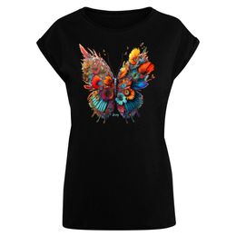 F4NT4STIC Extended Shoulder T-Shirt Schmetterling Blumen in schwarz | Gr.: M