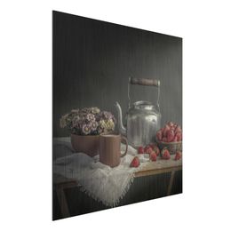 Bilderwelten Alu Dibond Outdoor Bild Kulinarisch grau modern wetterfest - Stillleben mit Erdbeeren - Deko K&uuml;che