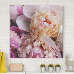 Bilderwelten Leinwandbild Blumen Landhaus Kunstdruck pastell - Bl&uuml;hende Pfingstrosen - Rose XXL Wohnzimmer Schlafzimmer