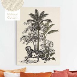 Bilderwelten Leinwandbild Tiere Vintage Kunstdruck gold - Vintage Illustration - Stolzer Tiger - Pflanzen XXL Wohnzimmer Schlafzimmer