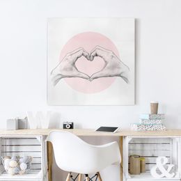 Bilderwelten Leinwandbild originell Pop Art Kunstdruck rosa - Illustration Herz H&auml;nde Kreis Rosa Wei&szlig; - Wandbild XXL Wohnzimmer Schlafzimmer