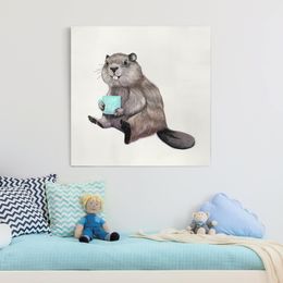 Bilderwelten Leinwandbild - Quadrat Illustration Biber mit Kaffeetasse