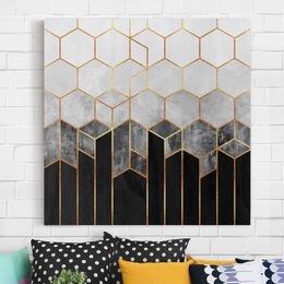 Bilderwelten Leinwandbild - Quadrat Goldene Sechsecke Schwarz Wei&szlig;
