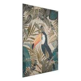 Bilderwelten Alu Dibond Outdoor Bild Tiere t&uuml;rkis Vintage wetterfest - Vintage Collage - Tukan im Dschungel - Pflanzen Wohnzimmer Schlafzimmer