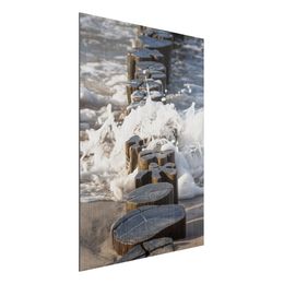 Bilderwelten Alu Dibond Outdoor Bild Strand beige Motiv wetterfest - Wellenbrecher am Strand - Landschaft Wohnzimmer Schlafzimmer
