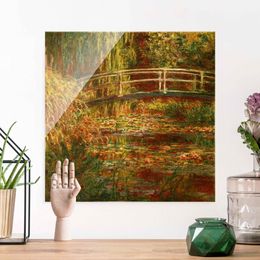Bilderwelten Glasbild Wald modern einzigartig Glas Wandbild - Claude Monet - Seerosenteich und japanische Br&uuml;cke (Harmonie in rosa) - B&auml;ume Wohnzimmer Schlafzimmer