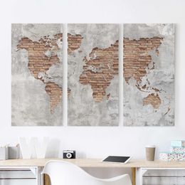 Bilderwelten 3-teiliges Leinwandbild - Querformat Shabby Beton Backstein Weltkarte