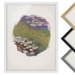 Bilderwelten Bild mit Rahmen Natur beige Tropisch Aquarell - Wasserfarben - Claude Monet - Seerosen - Pflanzen Wohnzimmer Schlafzimmer