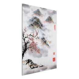 Bilderwelten Alu-Dibond Outdoor Bild Japanische Aquarell Zeichnung Kirschbaum und Berge