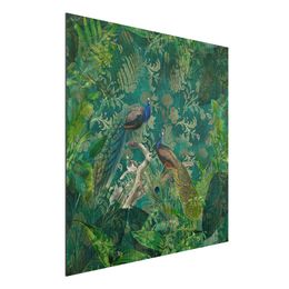 Alu Dibond Outdoor Bild - Shabby Chic Collage - Edler Pfau II - Tiere gr&uuml;n Vintage wetterfest Pflanzen Wohnzimmer Schlafzimmer