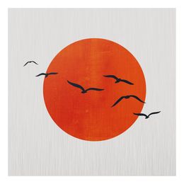 Bilderwelten Alu Dibond Outdoor Bild Natur rot modern Aquarell - Vogelschwarm vor roter Sonne I - Sonnenuntergang Wohnzimmer Schlafzimmer