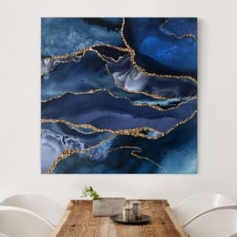 Bilderwelten Leinwandbild Abstrakt Kunstdruck blau - Goldene Glitzer Wellen vor Blau - Wandbild XXL Wohnzimmer Schlafzimmer
