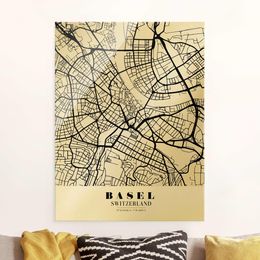 Bilderwelten Glasbild Spr&uuml;che modern schwarz weiss Glas Wandbild - Stadtplan Basel - Klassik - Karten Wohnzimmer Schlafzimmer