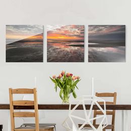 Bilderwelten Glasbild Strand Motiv orange Glas Wandbild - Sonnenaufgang im Watt - Himmel Wohnzimmer Schlafzimmer