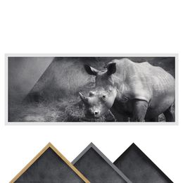 Bilderwelten Bild mit Rahmen Tiere einzigartig Motiv inkl. Rahmung - Lonesome Rhinoceros - Deko Wohnzimmer Schlafzimmer