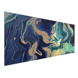 Alu Dibond Outdoor Bild - Spiel der Farben Indigo Feuer - blau Illustration Aquarell Deko Wohnzimmer Schlafzimmer