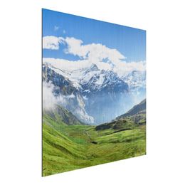 Bilderwelten Alu Dibond Outdoor Bild Natur gr&uuml;n Motiv wetterfest - Schweizer Alpenpanorama - Schweiz Wohnzimmer Schlafzimmer