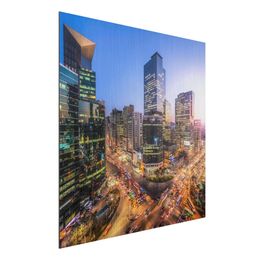 Alu Dibond Outdoor Bild - Stadtlichter von Gangnam - Stadt orange Motiv wetterfest Architektur Wohnzimmer Schlafzimmer