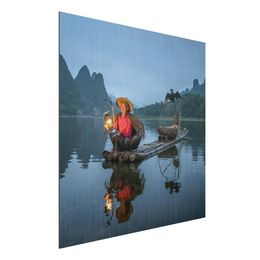 Bilderwelten Alu Dibond Outdoor Bild Natur blau Motiv wetterfest - Kormoranfischer am Abend - Asia Wohnzimmer Schlafzimmer