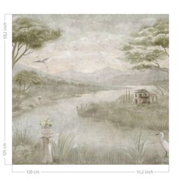 Bilderwelten Vorhang nach Ma&szlig; blickdicht Verdunkelung Wald Vintage gr&uuml;n - Pastellgr&uuml;ne Landschaft mit Kranich - B&auml;ume Wohnzimmer Schlafzimmer