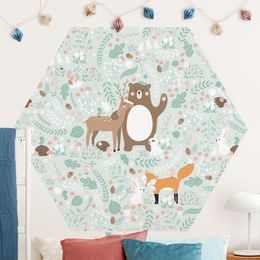 Bilderwelten Hexagon Tapete Tiere Illustration Wandtapete gr&uuml;n - Forest-Friends-mit-Waldtieren - B&auml;r Kinderzimmer Baby M&auml;dchen Jungen