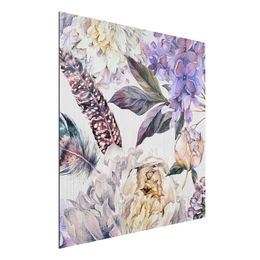 Alu Dibond Outdoor Bild - Zartes Aquarell Boho Bl&uuml;ten und Federn Muster - Blumen pastell Illustration Aquarell Rose Wohnzimmer Schlafzimmer