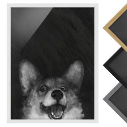 Bilderwelten Bild mit Rahmen - Hochformat Illustration Hund Corgi Malerei Schwarz Wei&szlig;