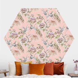Bilderwelten Hexagon Tapete Tiere Tropisch Aquarell rosa - Aquarell V&ouml;gel mit gro&szlig;en Bl&uuml;ten vor Rosa - V&ouml;gel Wohnzimmer Schlafzimmer