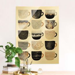 Glasbild Goldene Tassen Schwarz Wei&szlig;