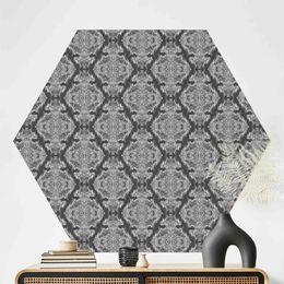 Bilderwelten Hexagon Tapete Vliestapete Illustration Aquarell grau - Aquarell Barock Muster vor Dunkelgrau - Barock Wohnzimmer Schlafzimmer