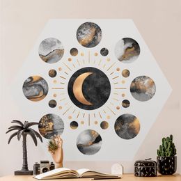 Hexagon Fototapete selbstklebend Mondphasen Abstrakt Gold