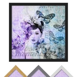 Bilderwelten Bild mit Rahmen Tiere violett Vintage inkl. Rahmung - Shabby Chic Collage - Portrait mit Schmetterlingen - Retro Wohnzimmer Schlafzimmer