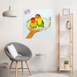 Bilderwelten Glasbild Tiere Fotomontage t&uuml;rkis Glas Wandbild - Tennis mit V&ouml;geln - Tennis Wohnzimmer Schlafzimmer