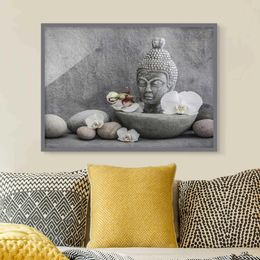 Bild mit Rahmen Zen Buddha, Orchideen und Steine
