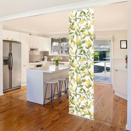 Bilderwelten Schiebegardine Kulinarisch Illustration Aquarell gelb - Fruchtige Zitronen mit Bl&auml;ttern - Obst Schiebevorhang K&uuml;che