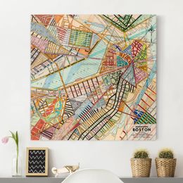 Bilderwelten Leinwandbild Weltkarte Illustration Kunstdruck bunt - Moderne Karte von Boston - Karten XXL Wohnzimmer Schlafzimmer