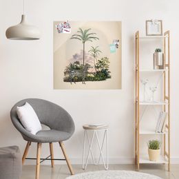 Bilderwelten Glasbild Natur Vintage beige Glas Wandbild - Zebra vor Palmen Illustration - Palme Wohnzimmer Schlafzimmer