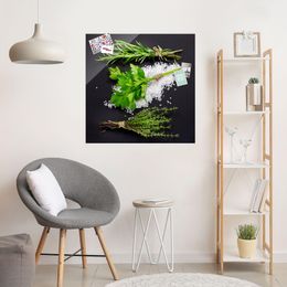 Bilderwelten Glasbild Motiv gr&uuml;n Glas Wandbild - Kr&auml;uter im Salzbett vor Schwarz - Deko Wohnzimmer Schlafzimmer