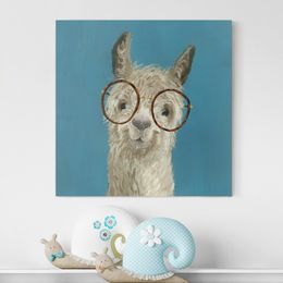 Bilderwelten Leinwandbild Tiere Illustration Kunstdruck blau - Lama mit Brille I - Wandbild XXL Wohnzimmer Schlafzimmer