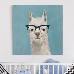 Bilderwelten Leinwandbild Tiere Illustration Kunstdruck blau - Lama mit Brille IV - Wandbild XXL Wohnzimmer Schlafzimmer