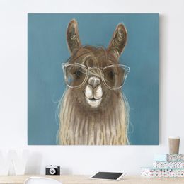 Bilderwelten Leinwandbild Tiere Illustration Kunstdruck blau - Lama mit Brille III - Wandbild XXL Wohnzimmer Schlafzimmer
